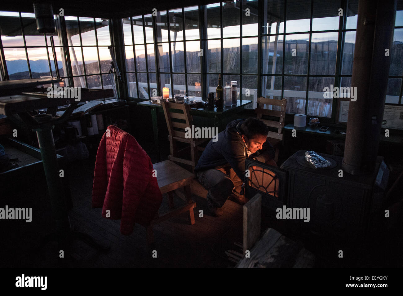 Dr. M Sanjayan lights a fire inside the Gird Point Lookout on top of a ...