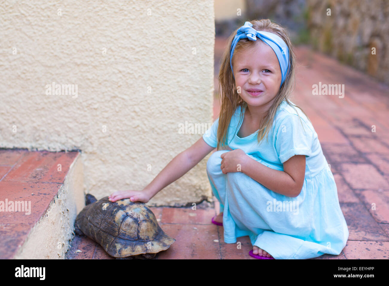 Little adorble happy girl with small turtle outdoors Stock Photo - Alamy