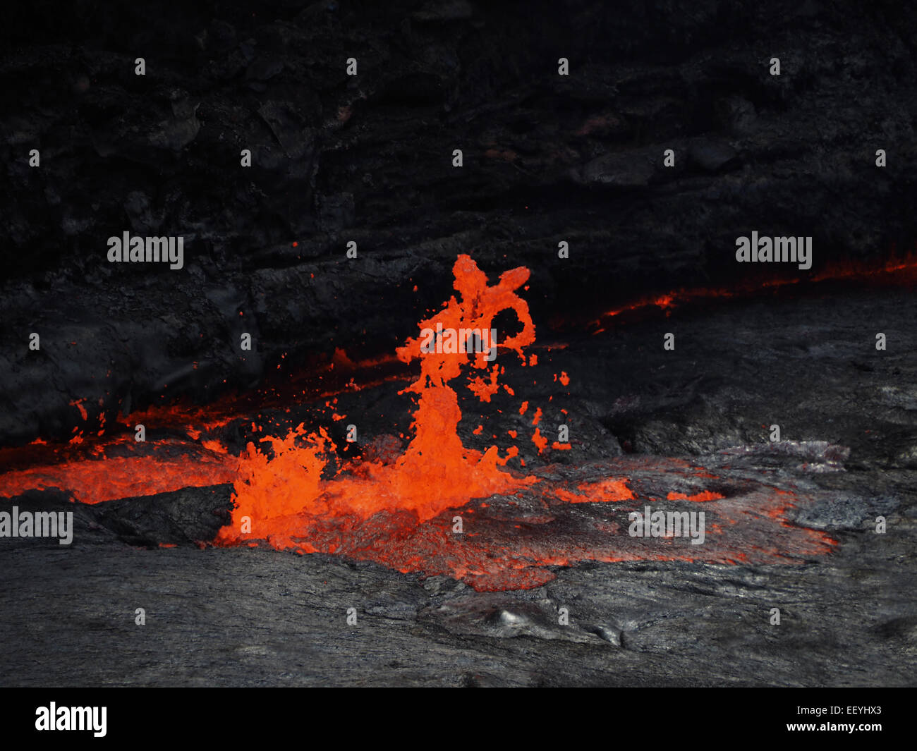 Lava burst inside the Erta Ale volcano. This lava lake is continuously ...