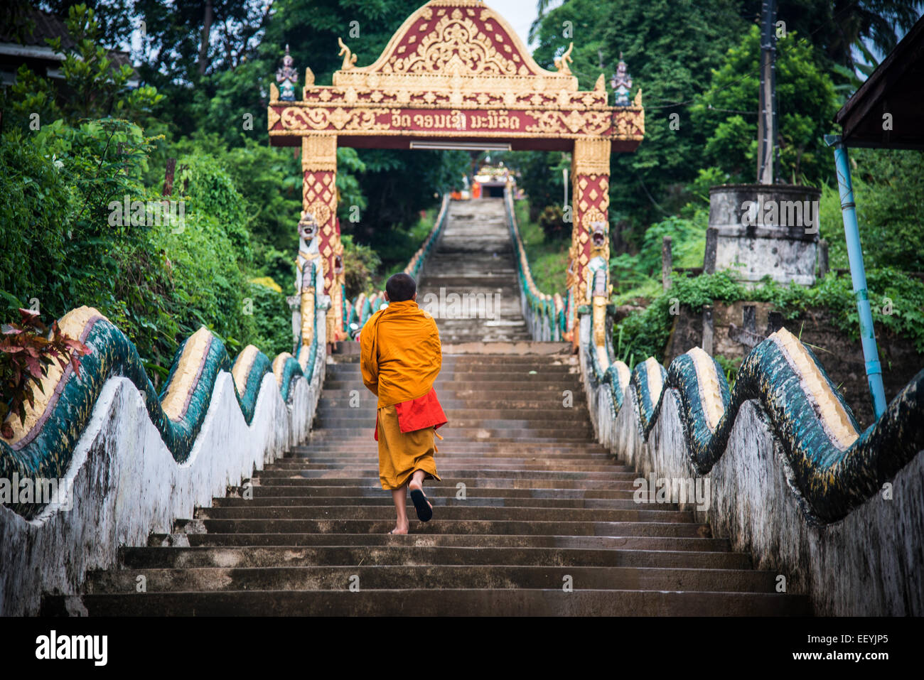 Buddhist monk climbing temple stairs hi-res stock photography and ...