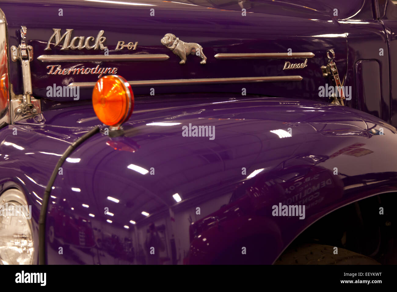 Closeup of a purple antique Mack Thermodyne truck with logo Stock Photo ...