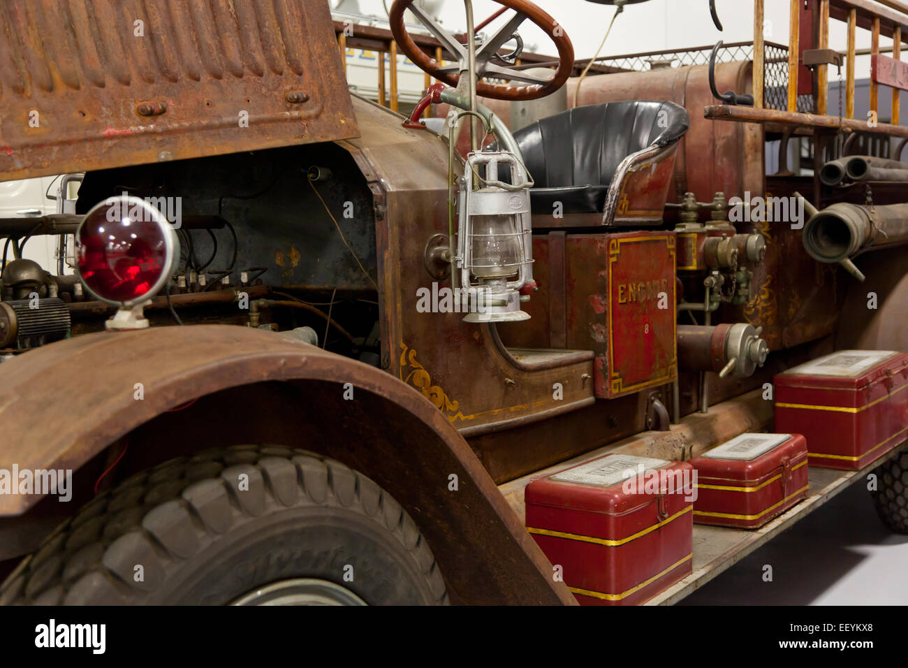 Antique and restored firetruck with open cab Stock Photo - Alamy