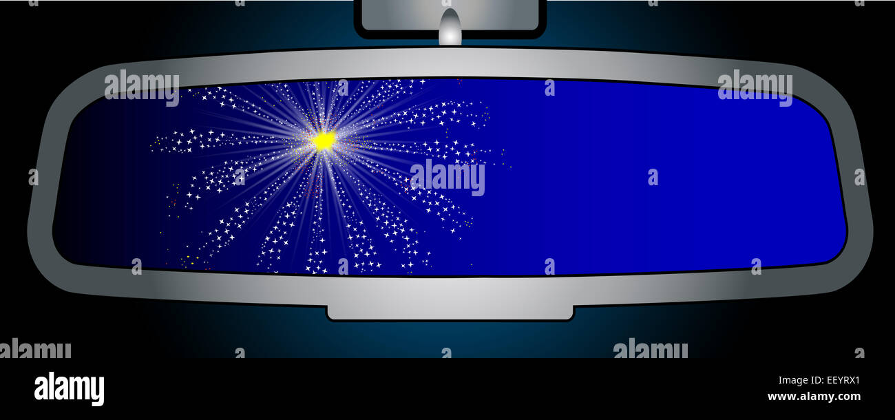 Depiction of a vehicle rear view mirror showing a sky rocket explosion ...