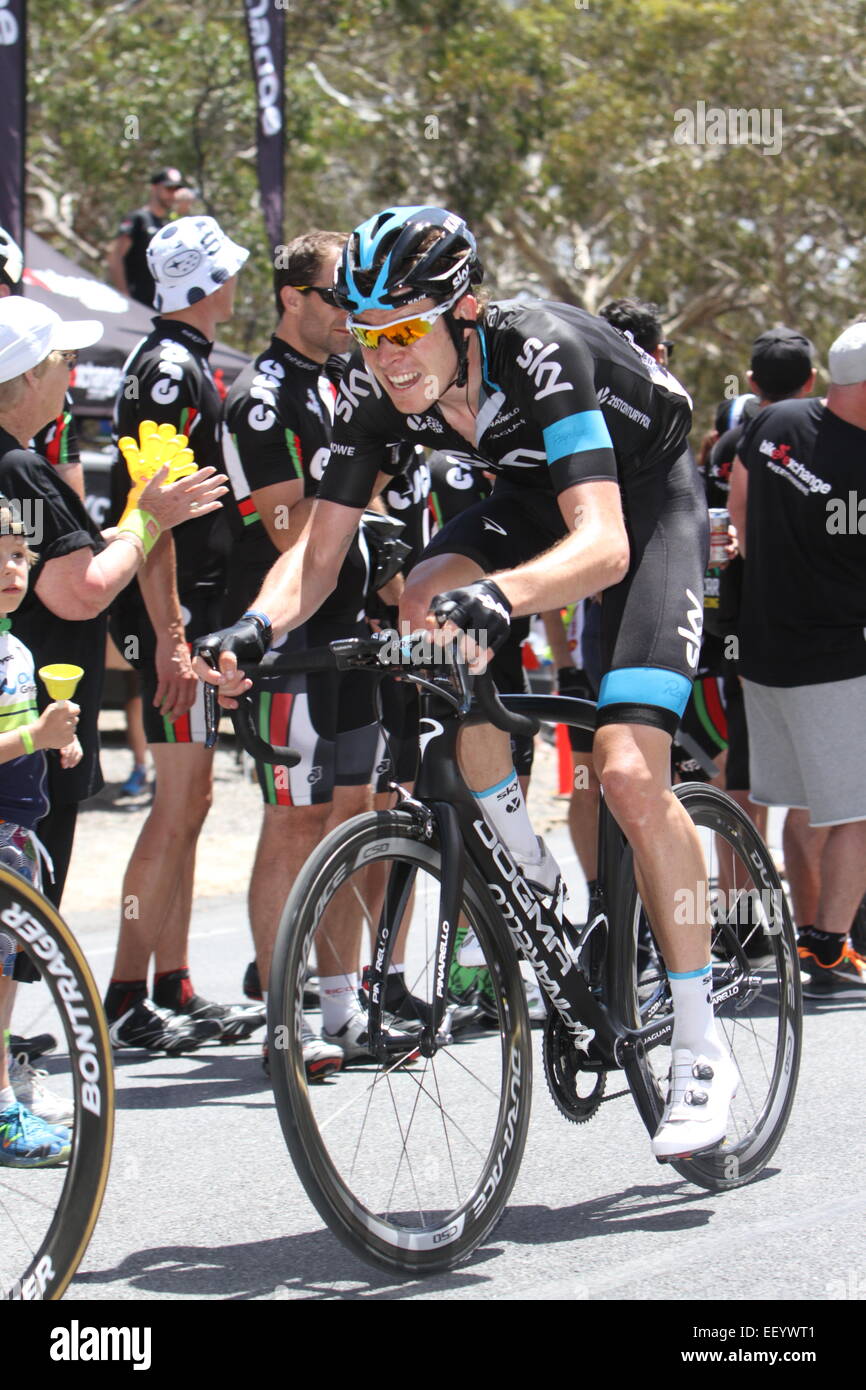 Adelaide, Australia. 24th January, 2015. Luke Rowe of Team Sky tackling ...