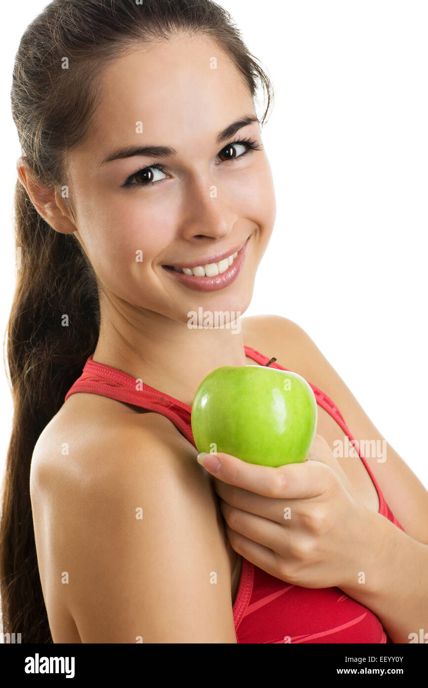 Healthy eating woman holding apple on white background Stock Photo - Alamy