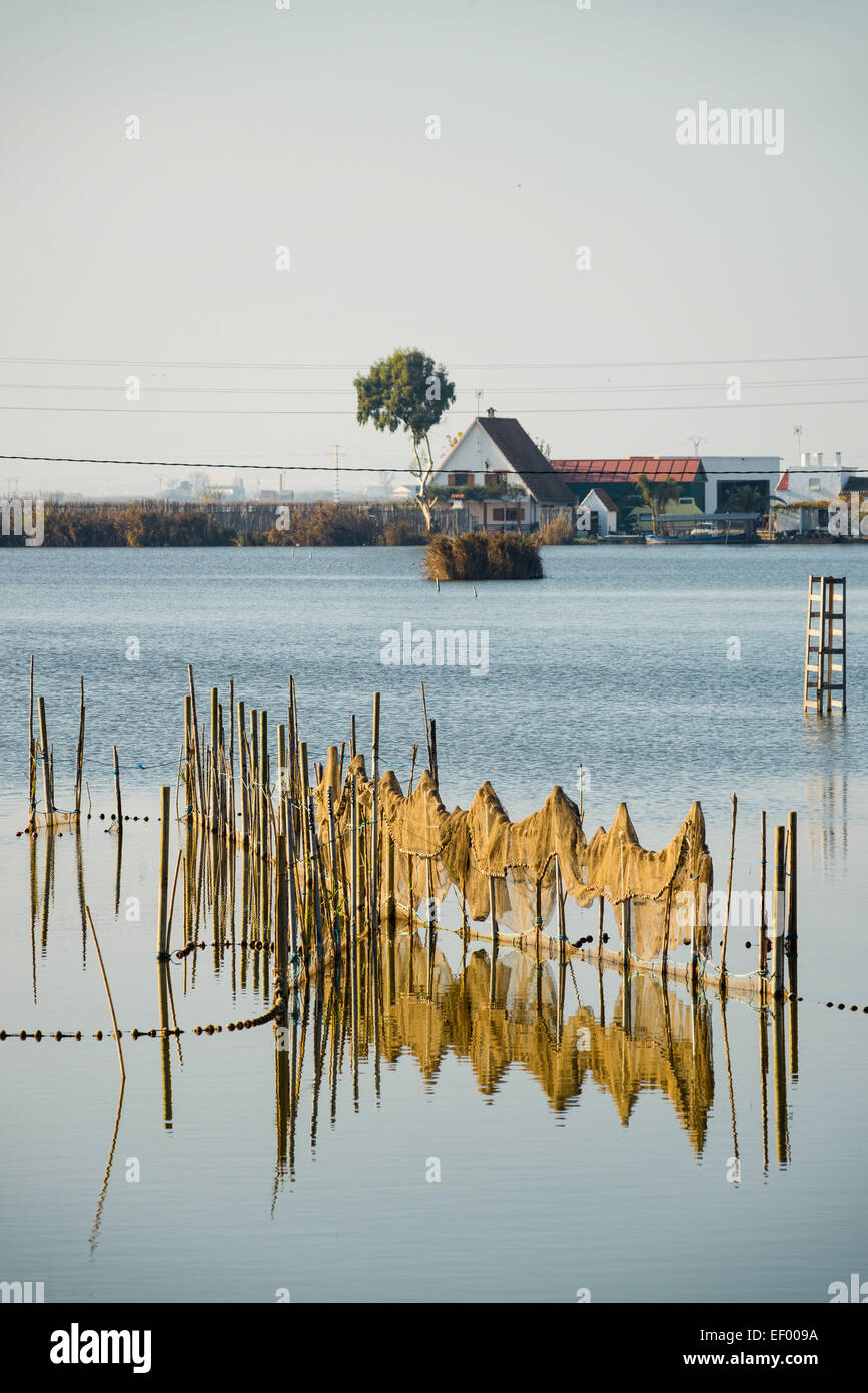 Traditional fishing equipment in Albufera lagoon, Valencia, Spain Stock ...