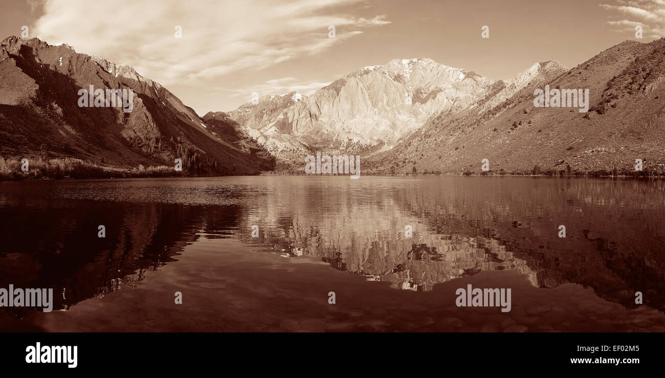 Snow mountain and lake BW with reflections panorama in Yosemite Stock ...