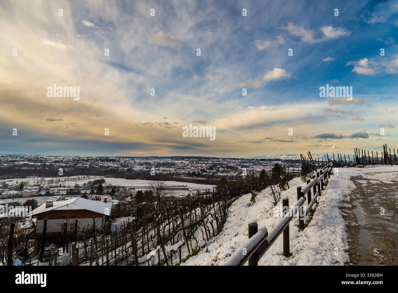 a light snowfall on the italian countryside, with white fields and ...