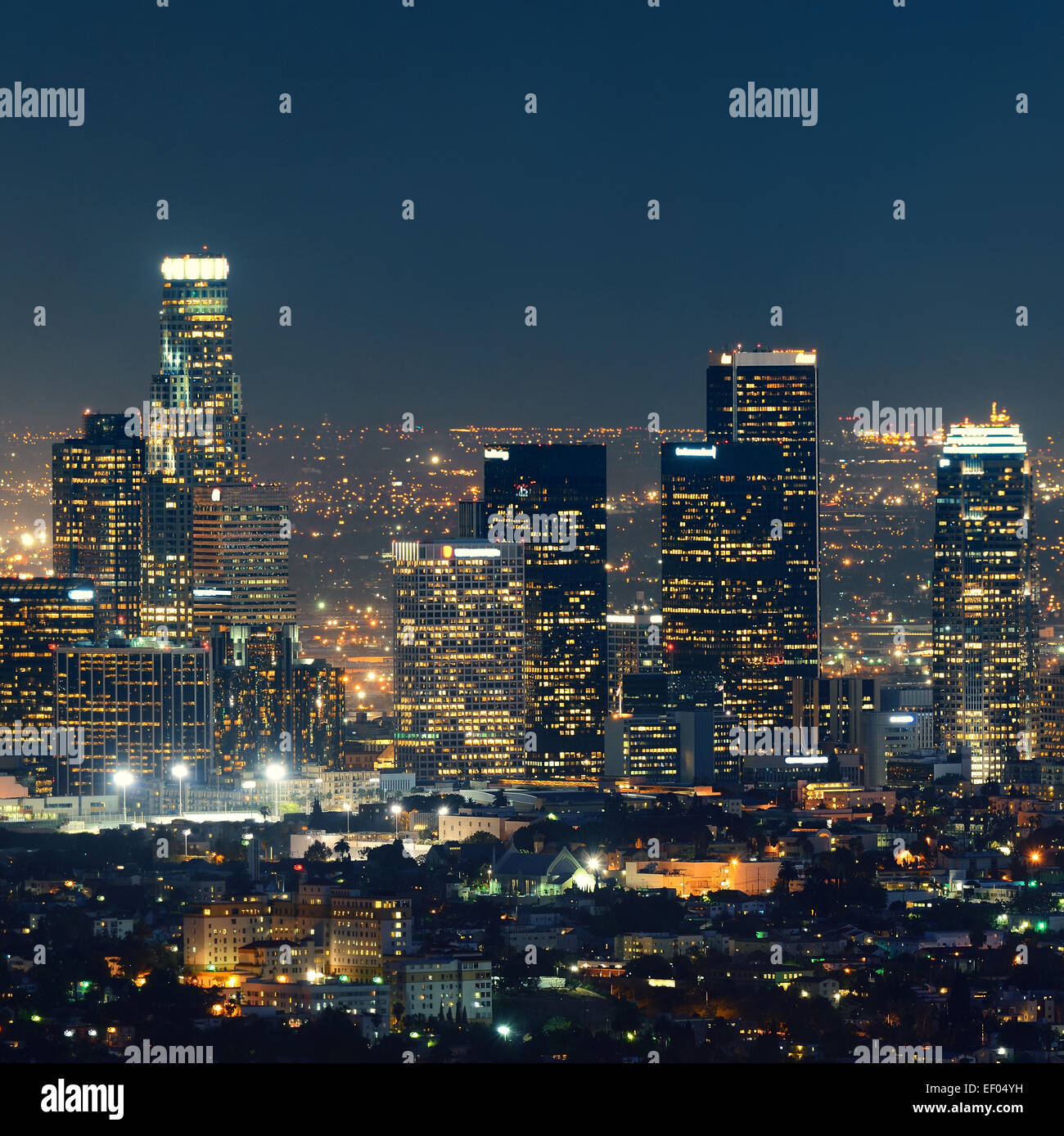 Los Angeles downtown buildings at night Stock Photo - Alamy