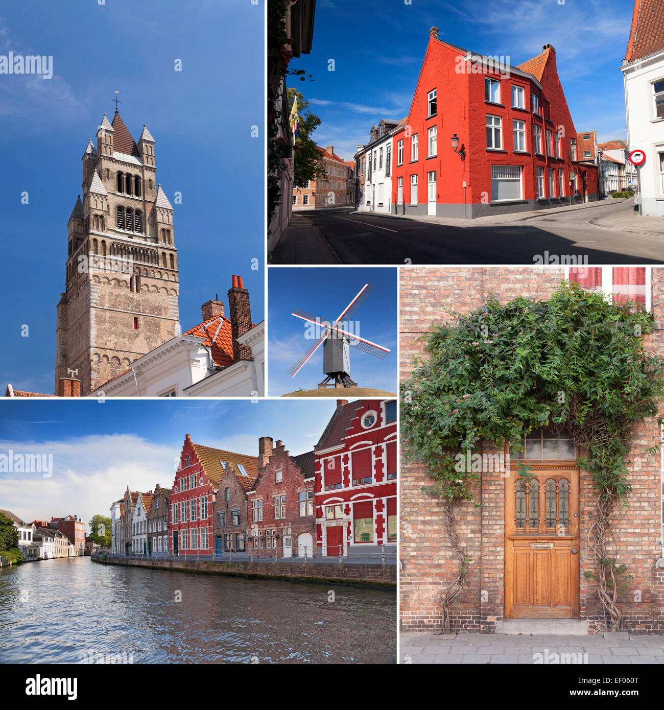 River channel and buildings in Bruges, windmill and tower collage ...