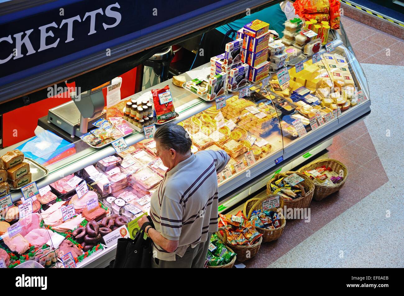 Elevated view of a butchers market stall inside the restored Victorian ...