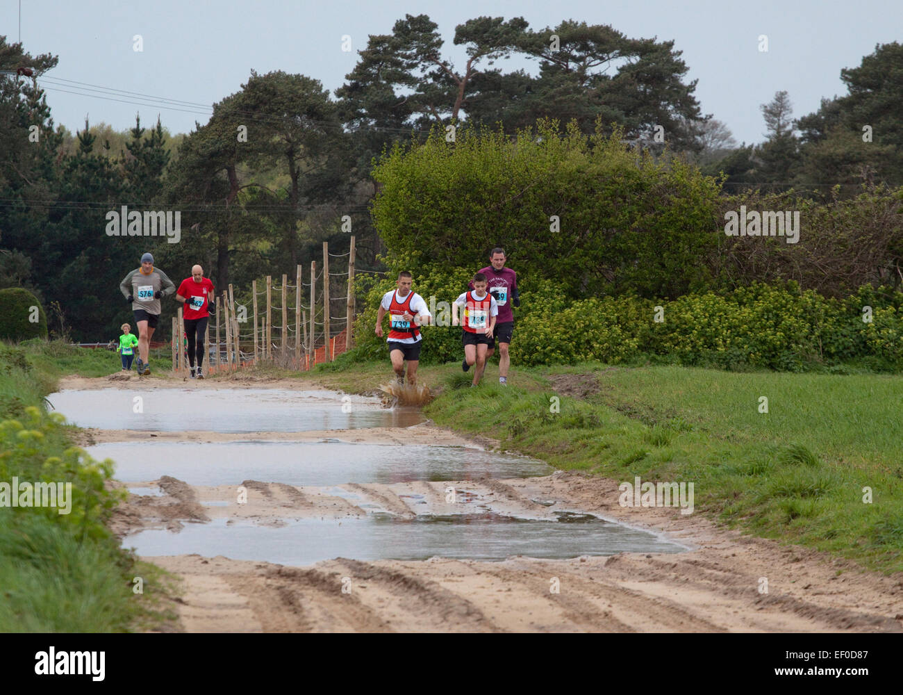 Runners in a coastal cross-country race on a flooded sandy unmade road ...