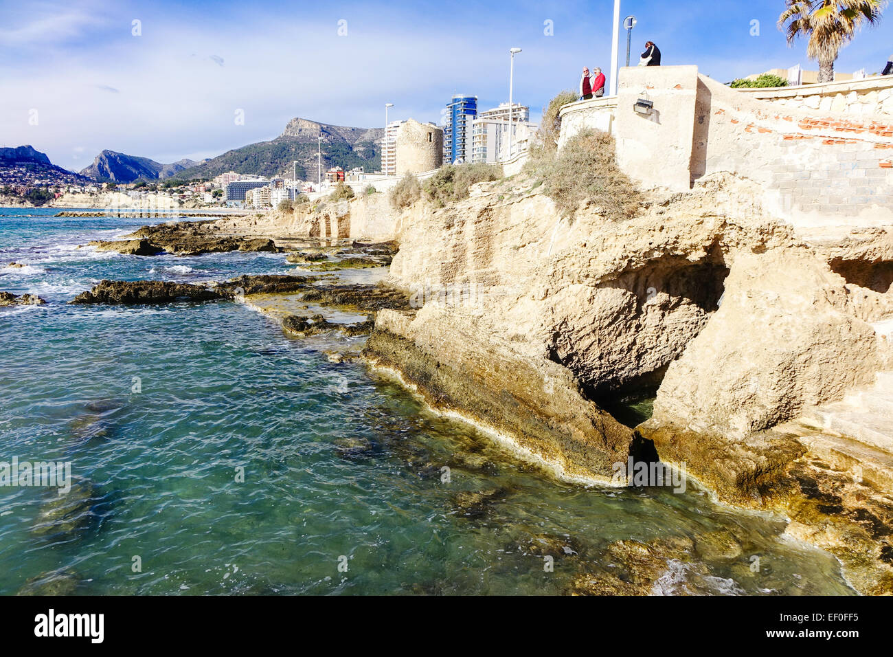 Calpe, Costa Blanca, Spain, with the roman fish traps in the rocky ...