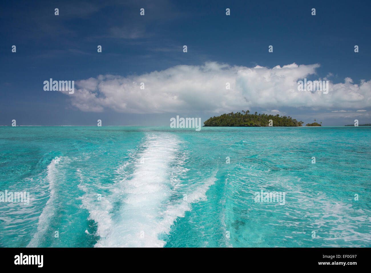 Cook Islands, Aitutaki. Boat wake across the shallow clear blue lagoon ...