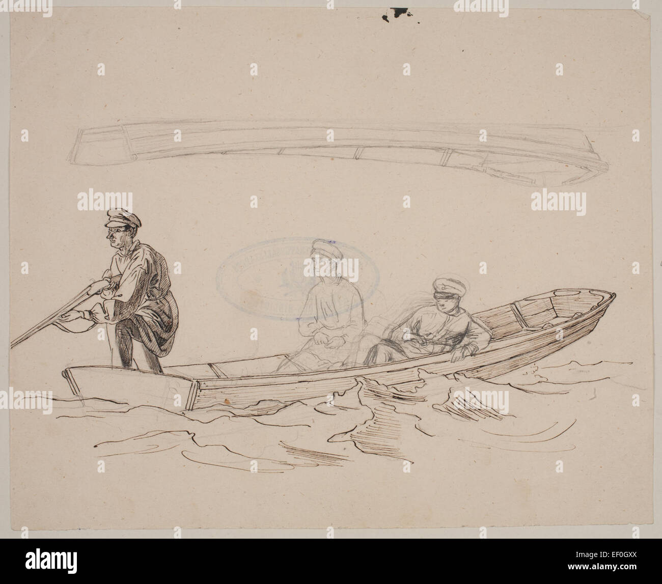 Seabird hunting. Runeberg and two of his sons. Ink drawing by Johan ...