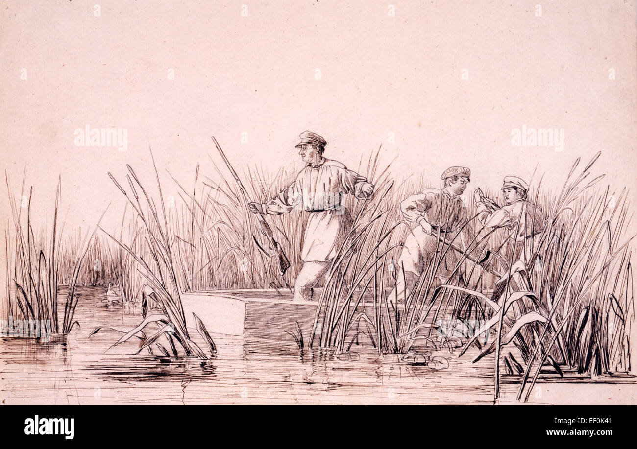 Runeberg and two boys duck hunting. Ink drawing by Johan Knutson Stock ...