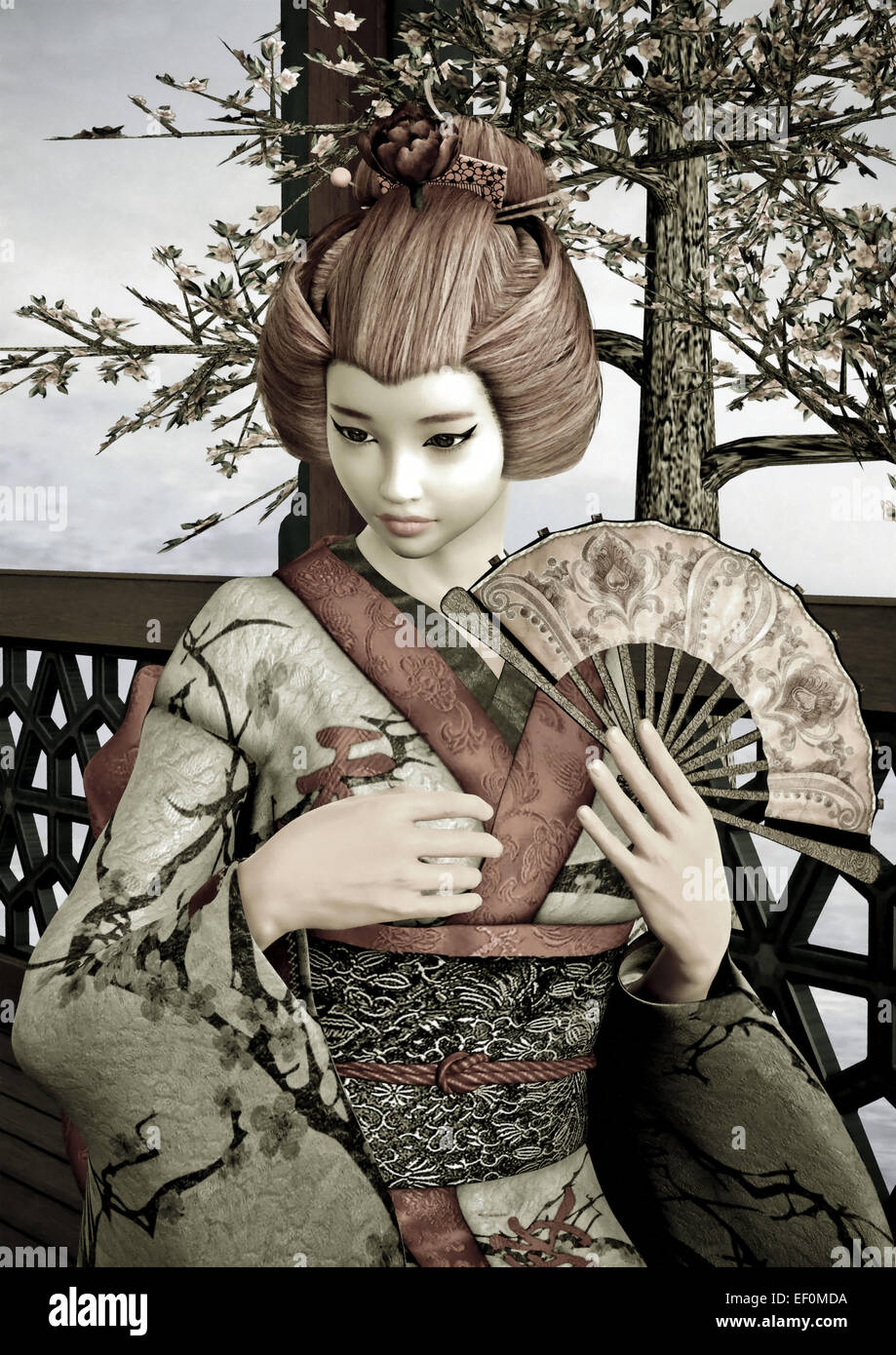3D digital render of a beautiful vintage geisha wearing traditional ...