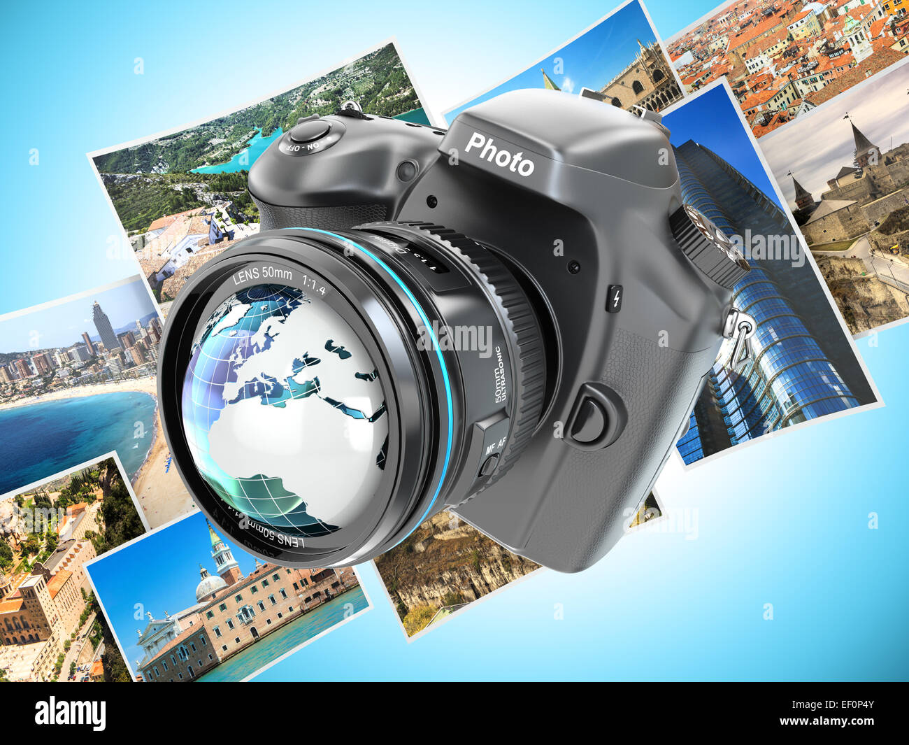 Digital photo camera on background from photographs. 3d Stock Photo - Alamy
