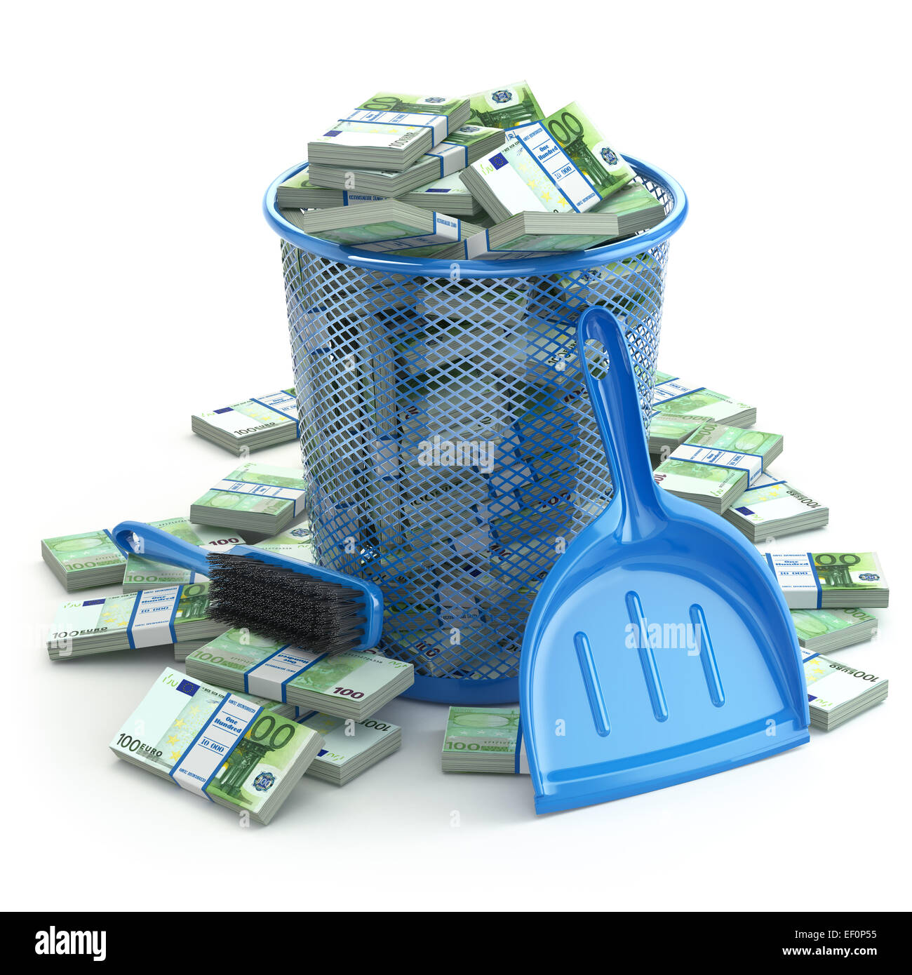 Packs of euro in the garbage can. Waste of money or currency collapse ...