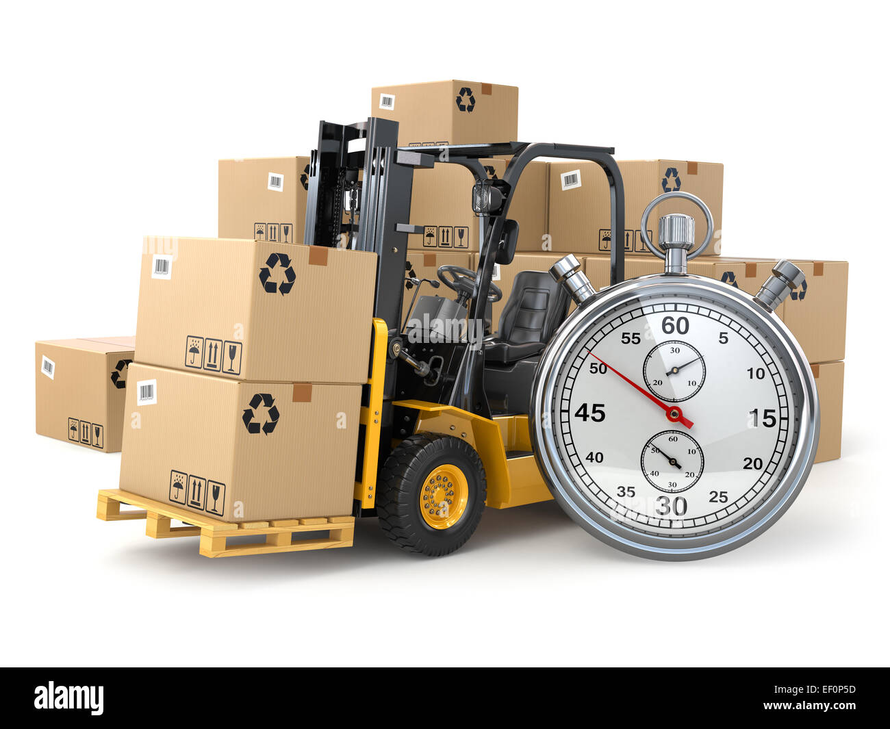 Forklift truck with boxes and stopwatch .Express delivery concept. 3d ...
