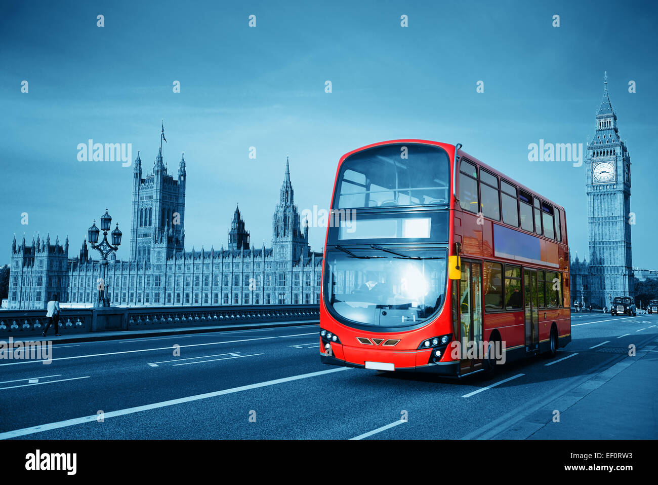 Double-deck red bus on Westminster Bridge with Big Ben in London Stock ...