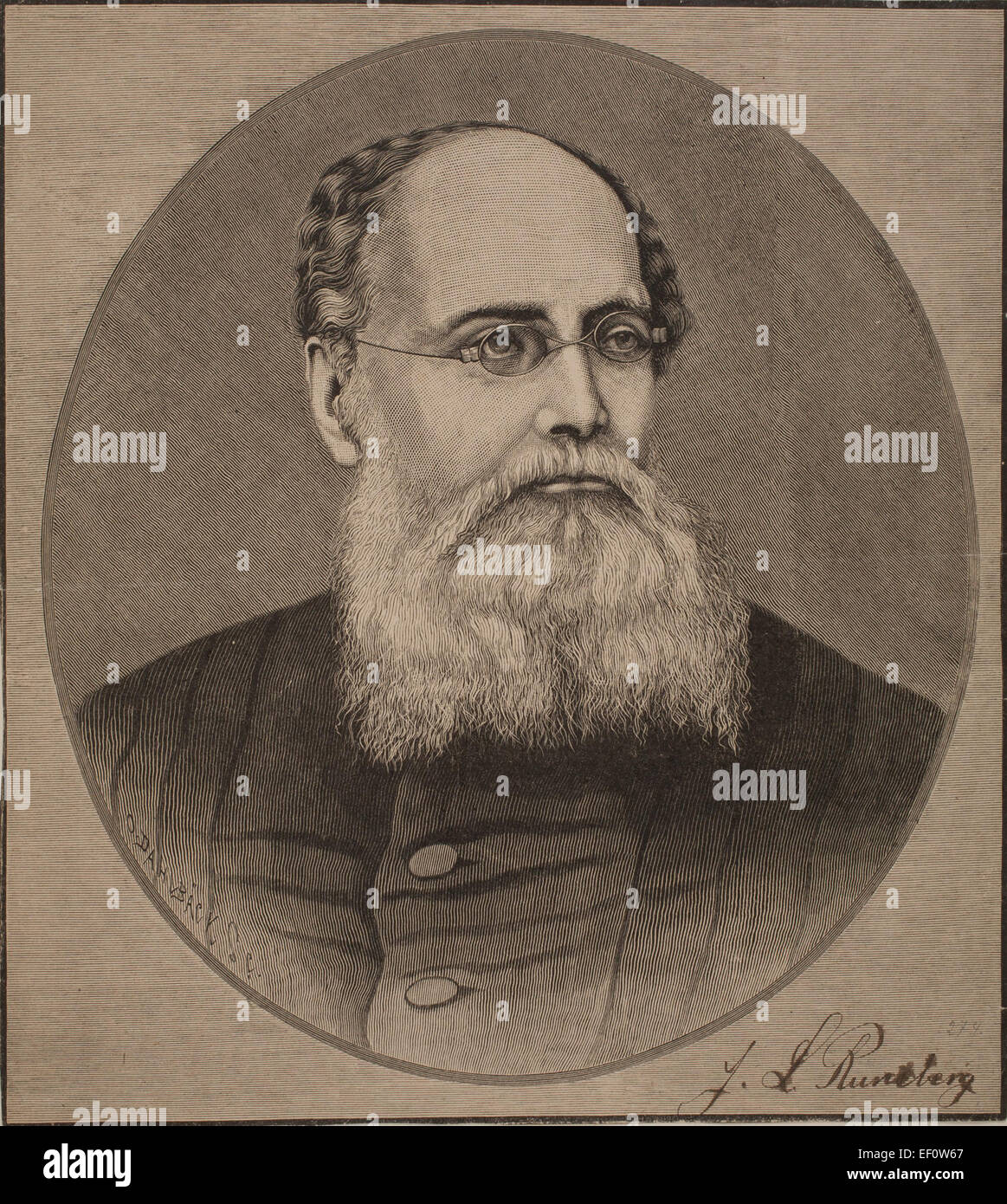 Johan Ludvig Runeberg. Woodcut by O. Dahlbäck of the lithography of ...