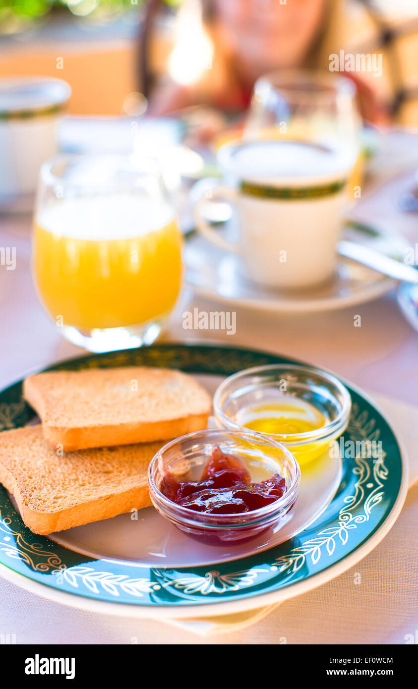 Healthy breakfast on the table close up in restaraunt resort outdoor ...