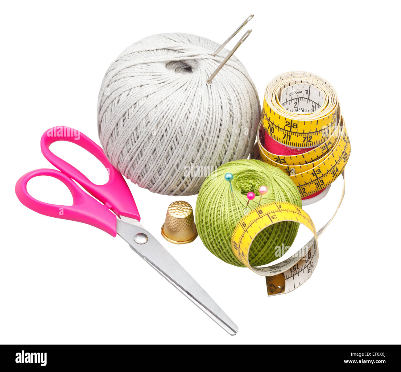 several sewing objects isolated on white background Stock Photo - Alamy