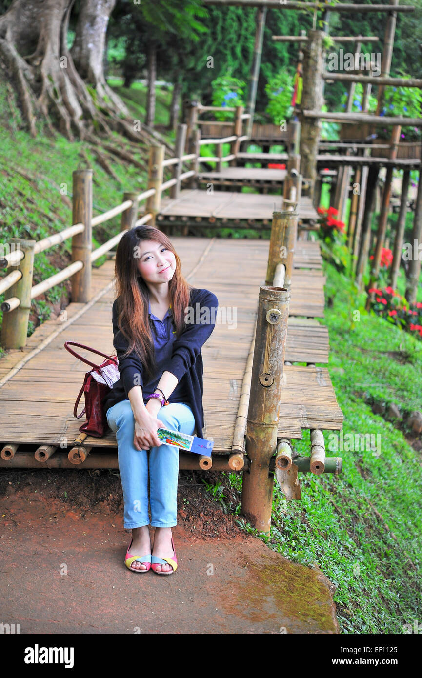 portrait asia young woman happy and smile on Doi tung garden, Dhiang ...