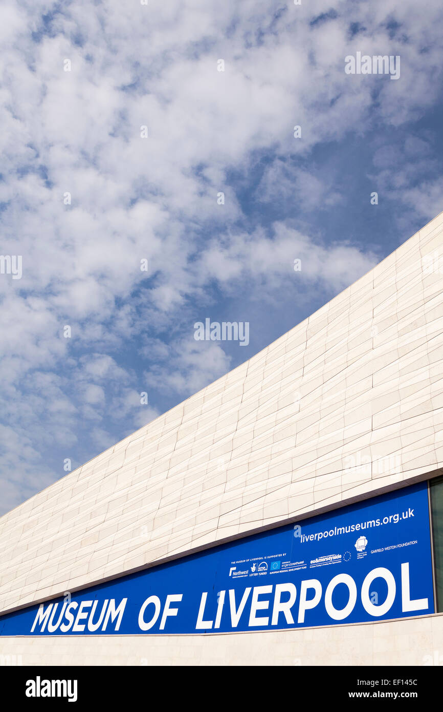 [White wall] of the [Museum of Liverpool] against cloudy [blue sky ...