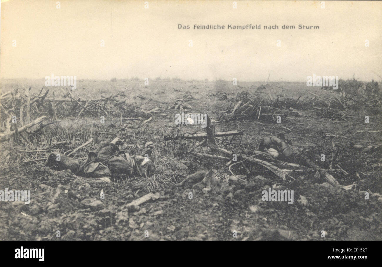 This photograph depicts a battlefield after a storm, showing the ...