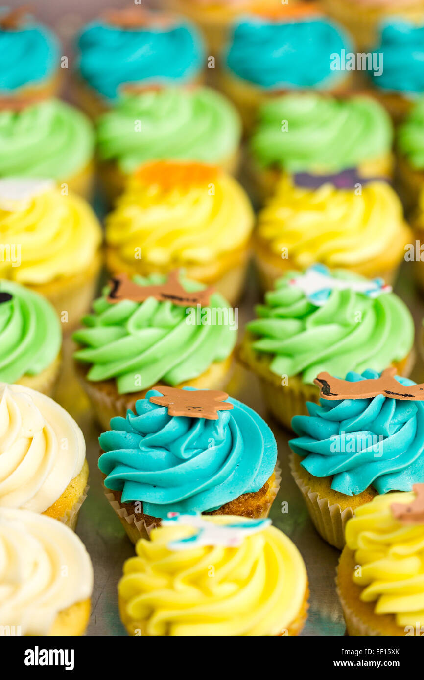 Making multicolor cupcakes for kids birthday party Stock Photo - Alamy