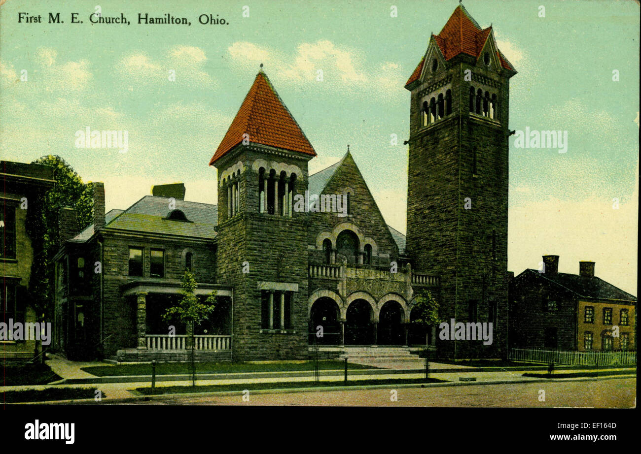 A historical postcard featuring the First M.E. Church in Hamilton, Ohio ...
