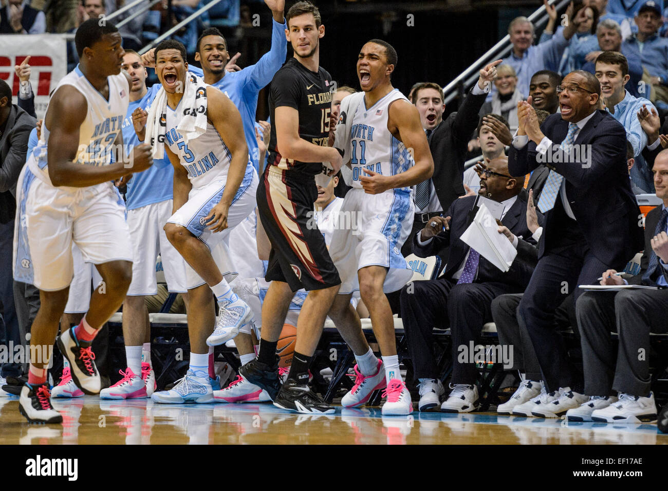 Chapel Hill, NC, USA. 24th Jan, 2015. The UNC bench celebrates a call ...