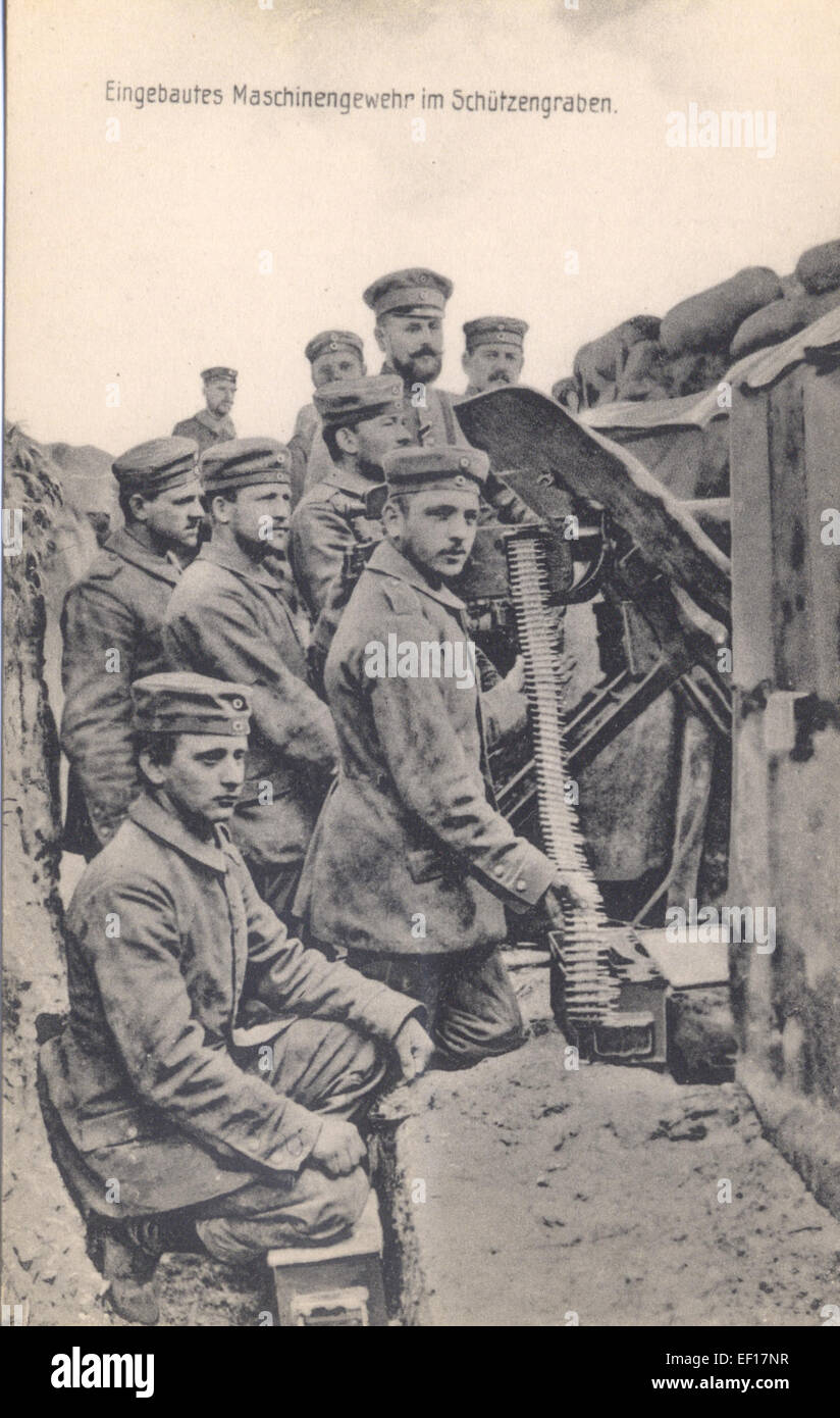 A machine gun is stationed in a trench, likely during a military ...
