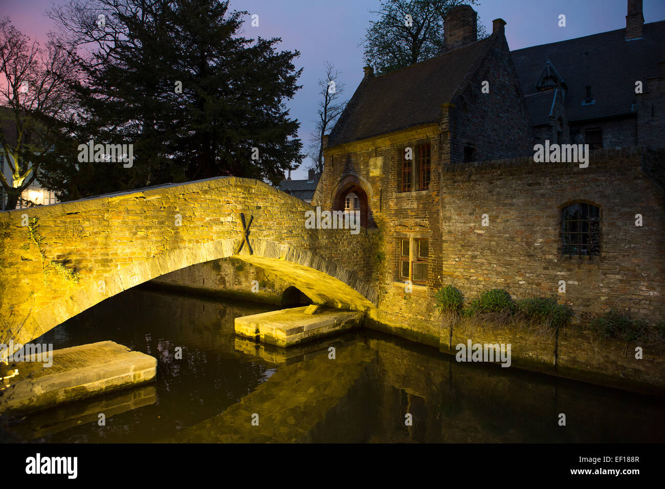 The Bonifacius Bridge and canal in Bruges lit at night, Brugge, Belgium ...