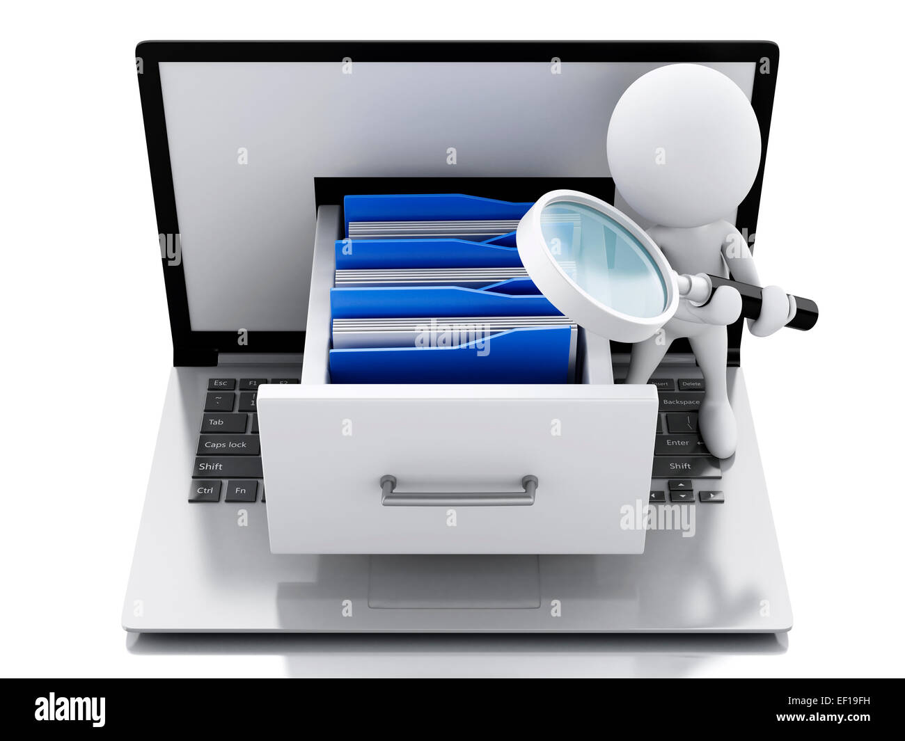 3d renderer. White people examines files with Laptop and folders. Data ...