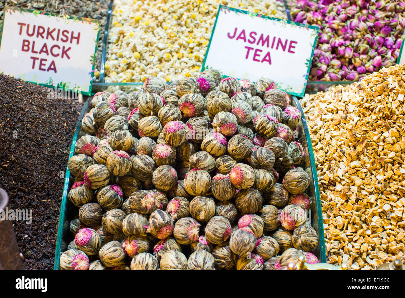 Different sorts of tea on the Egyptian bazaar in Istanbul Stock Photo ...