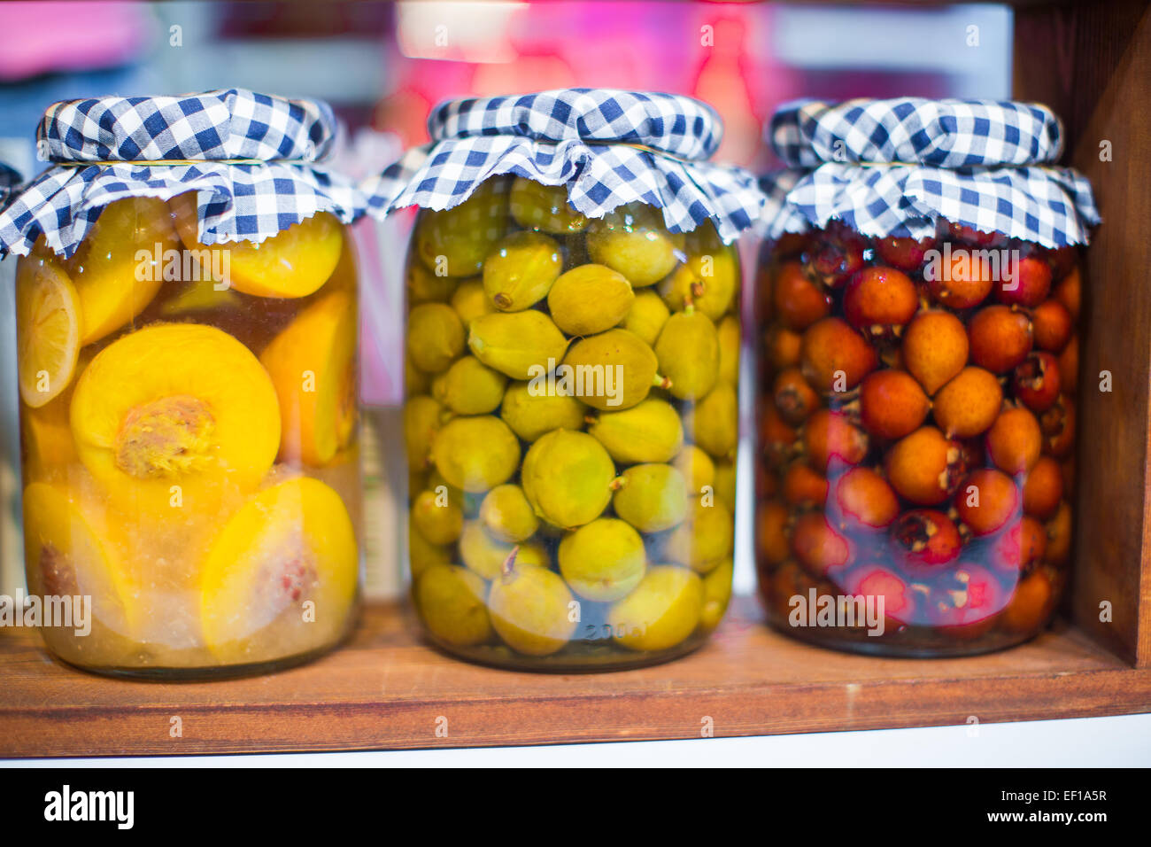 Mediterranean pickled vegetables and fruits on the open market Stock ...
