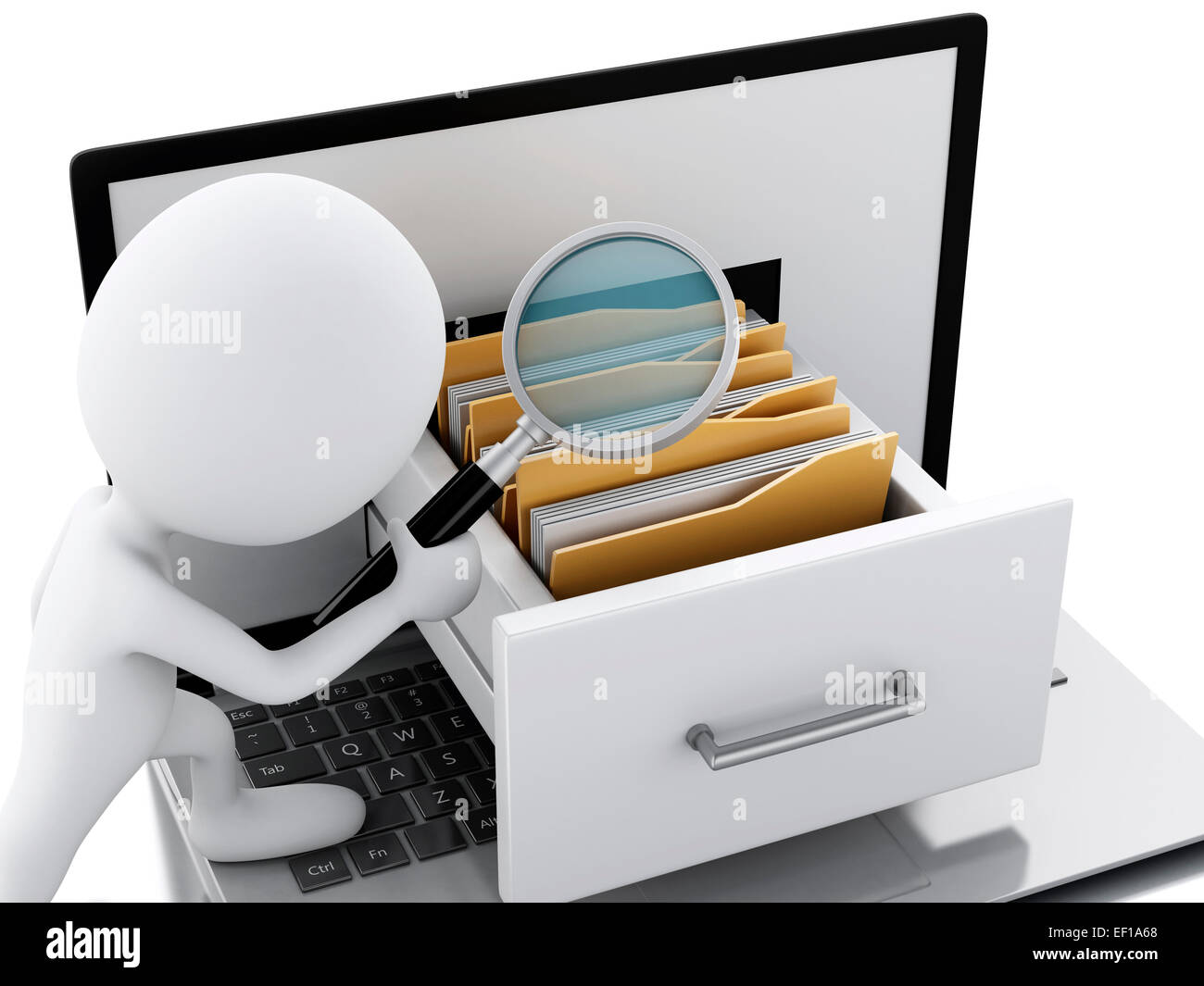 3d renderer. White people examines files with Laptop and folders. Data ...