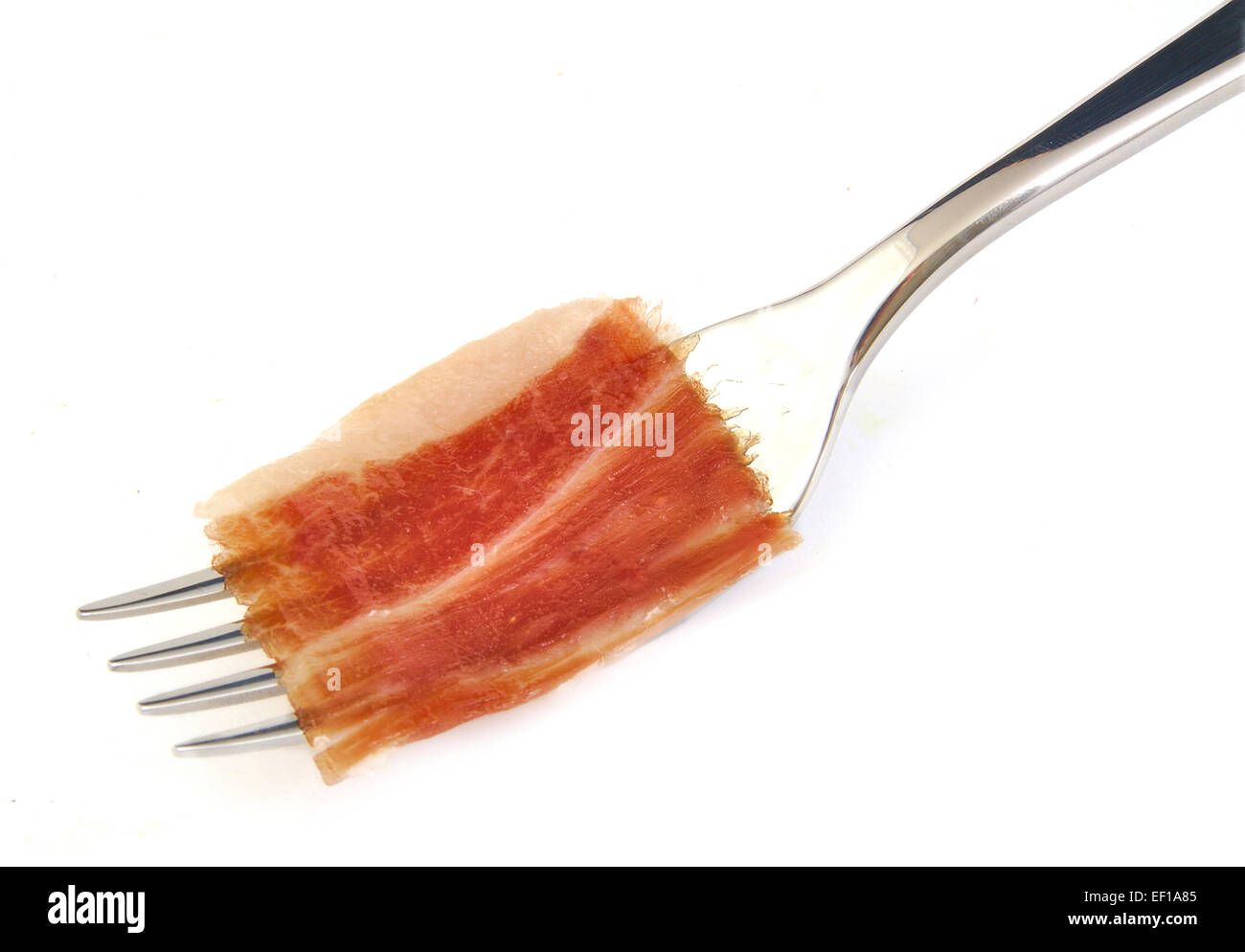 Spanish serrano ham slice on metal fork Stock Photo - Alamy
