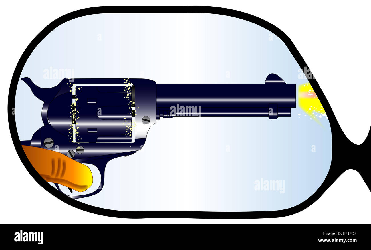A typical wing mirror with reflections of a revolver being fired into ...