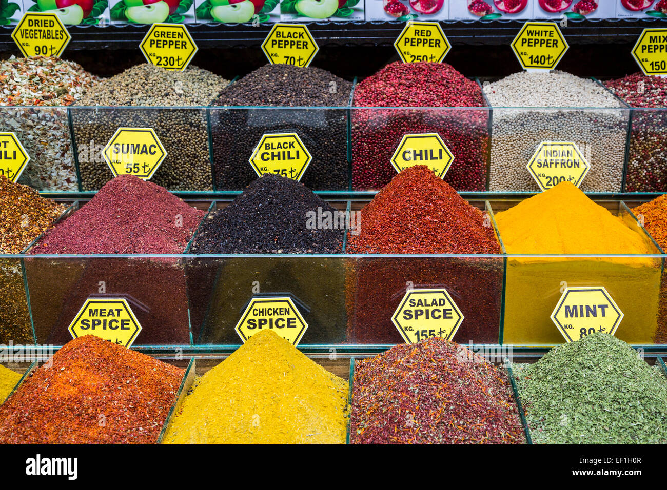 A display of a variety of spices and nuts at a spice shop in ...