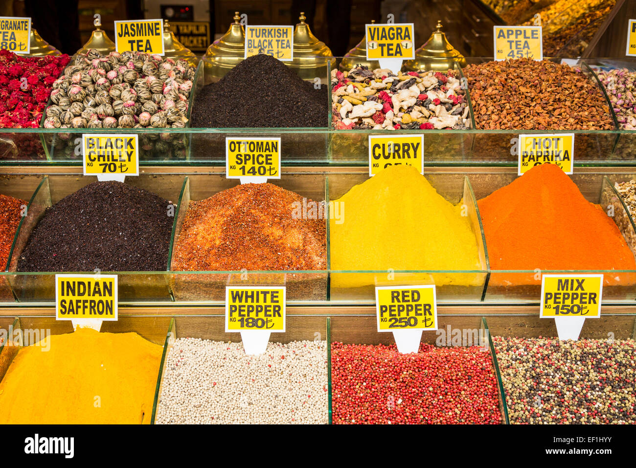 A display of a variety of spices and nuts at a spice shop in ...