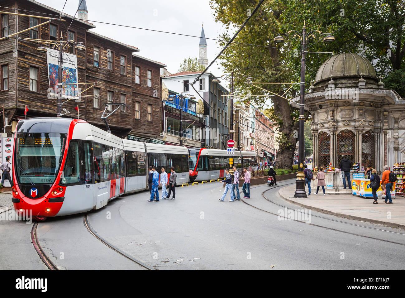 A street tram rapid transit system in Sultanahmet, Istanbul, Turkey ...