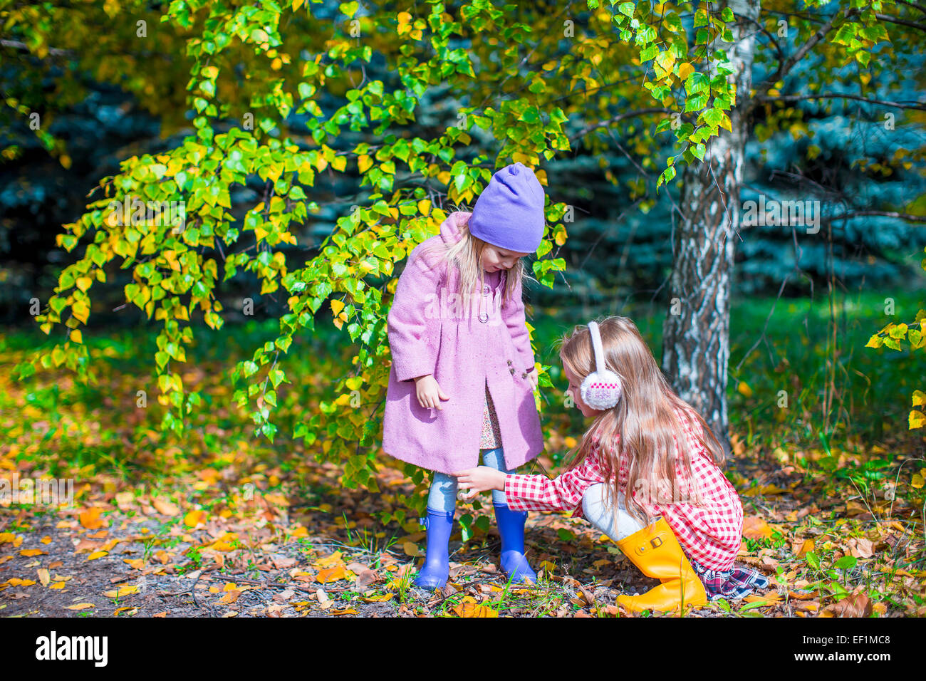Two adorable girls in forest at warm sunny autumn day Stock Photo - Alamy