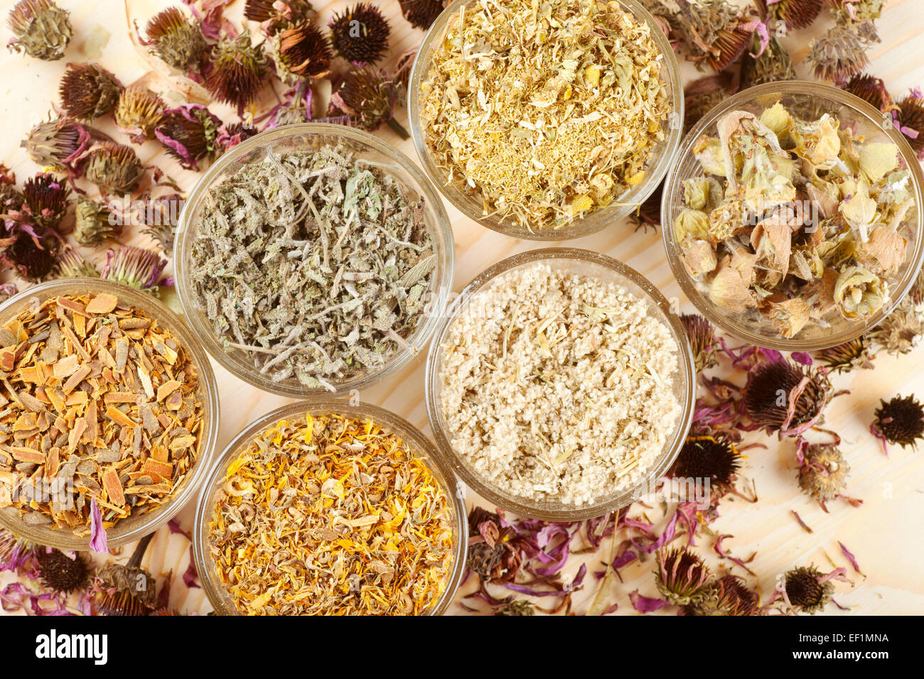 healing herbs in glass cups,top view, herbal medicine Stock Photo - Alamy