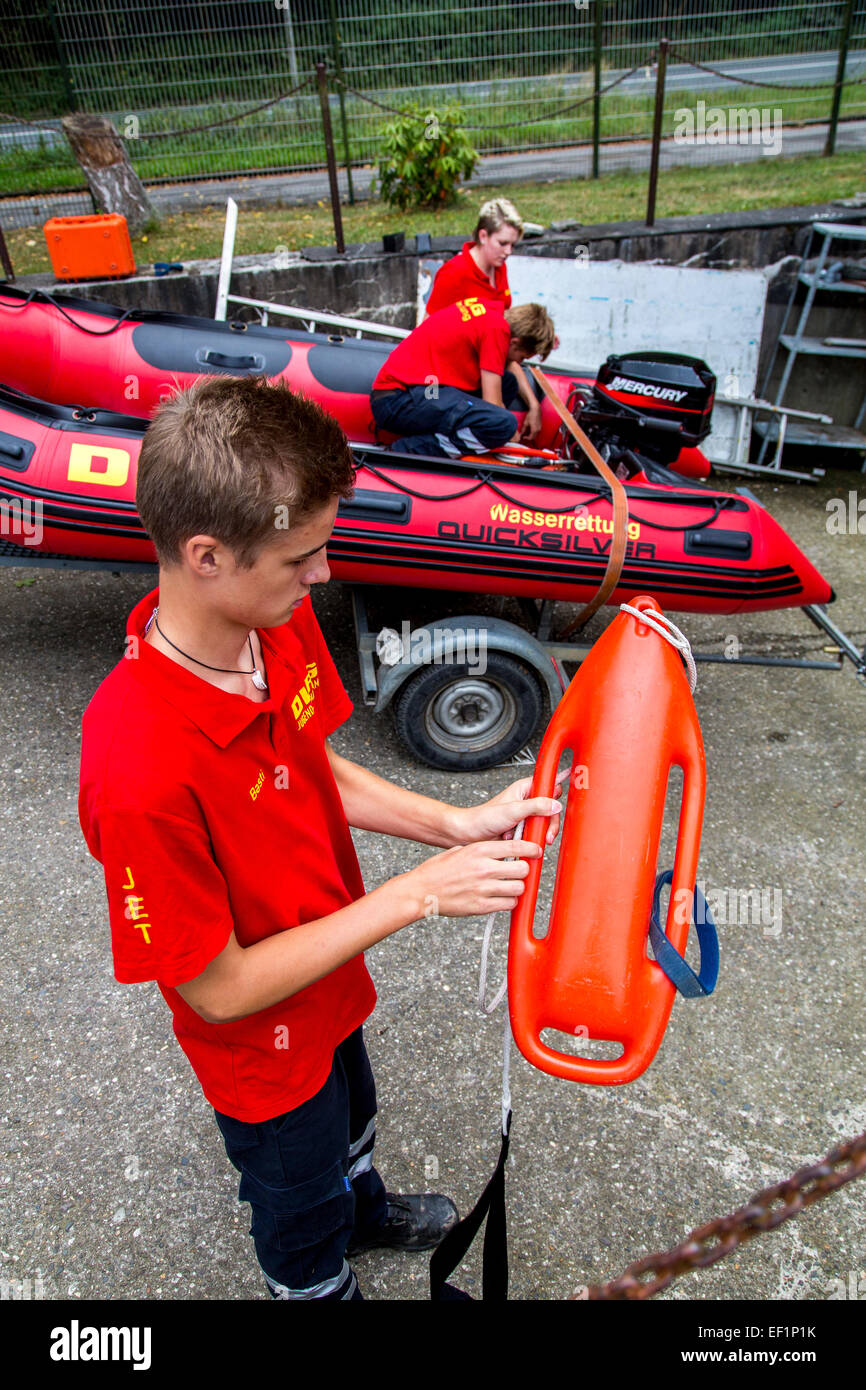 River patrol boat on river Ruhr, by DLRG volunteers, German life saving ...