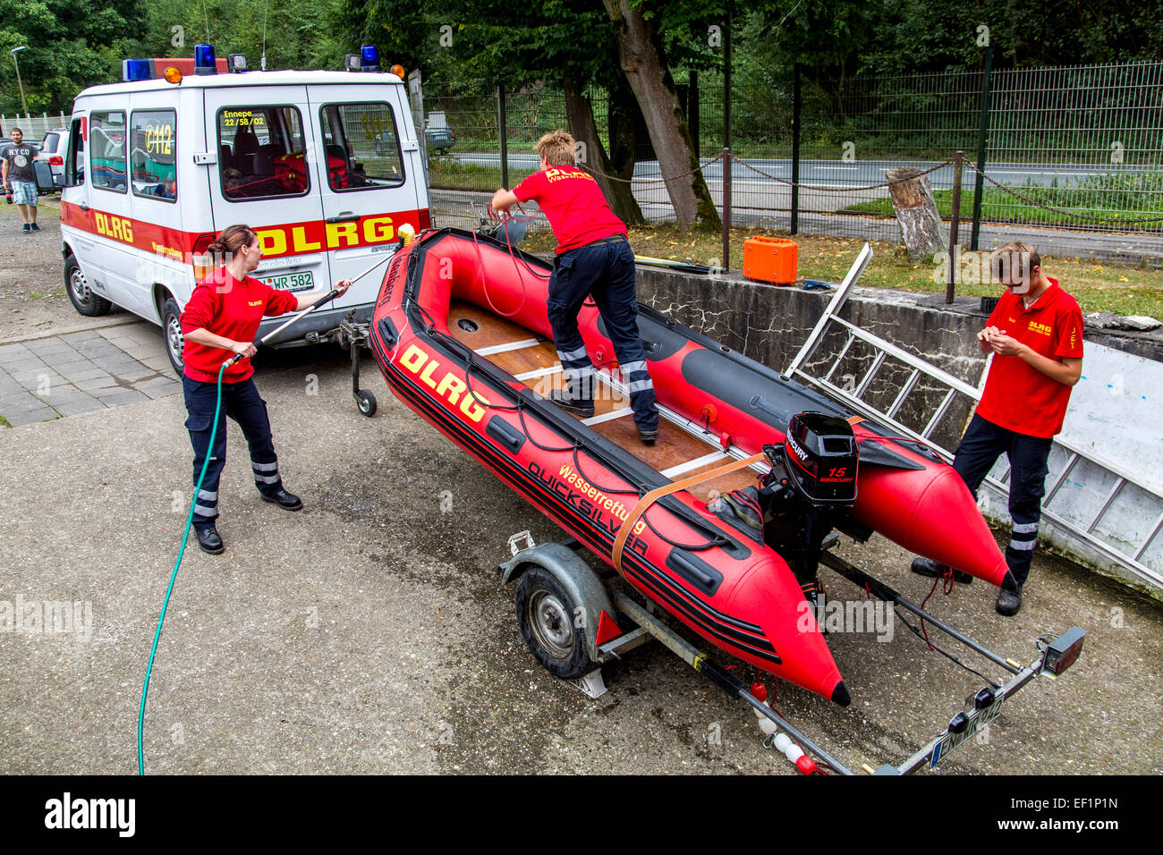 River patrol boat on river Ruhr, by DLRG volunteers, German life saving ...