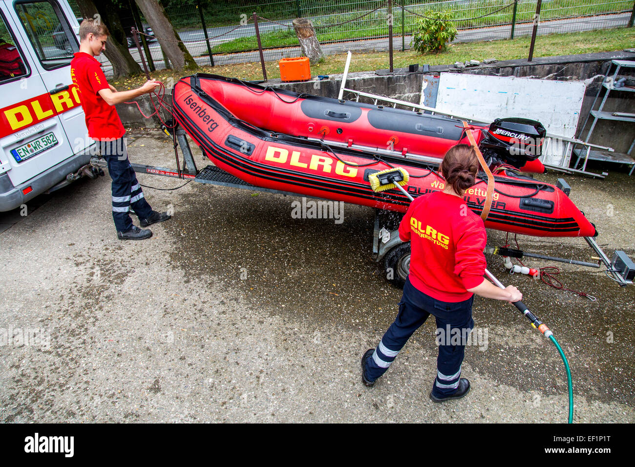 River patrol boat on river Ruhr, by DLRG volunteers, German life saving ...